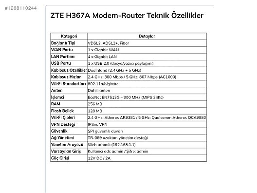 ZTE ZXHN H367A 5GHZ AC1600 VDSL2-FIBER MODEM/ROUTER 12V at sahibinden ...