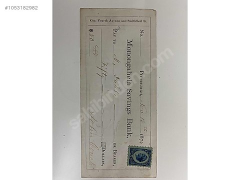 Antika kolleksiyonluk özel pullu 1874 tarihli banka çeki ...