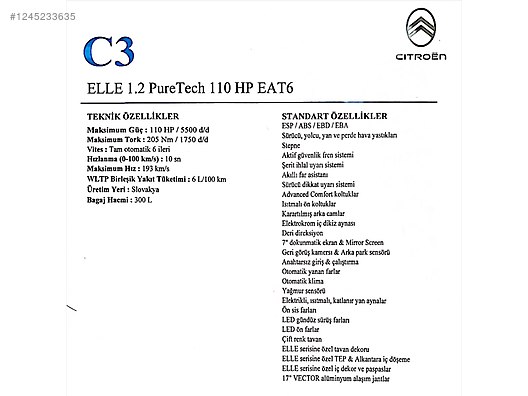 Citroen / C3 / 1.2 PureTech / Elle / SAHİBİNDEN HATASIZ 2023 CITROEN C3 ELLE 1.2 PureTech 110 HP ...