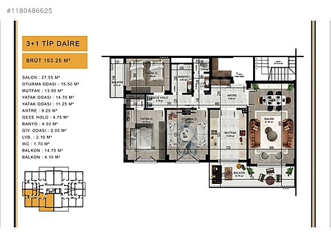 Hef Park Konutları Projesi 3+1 153m2 Balkonlu Satılık Daire - Satılık ...