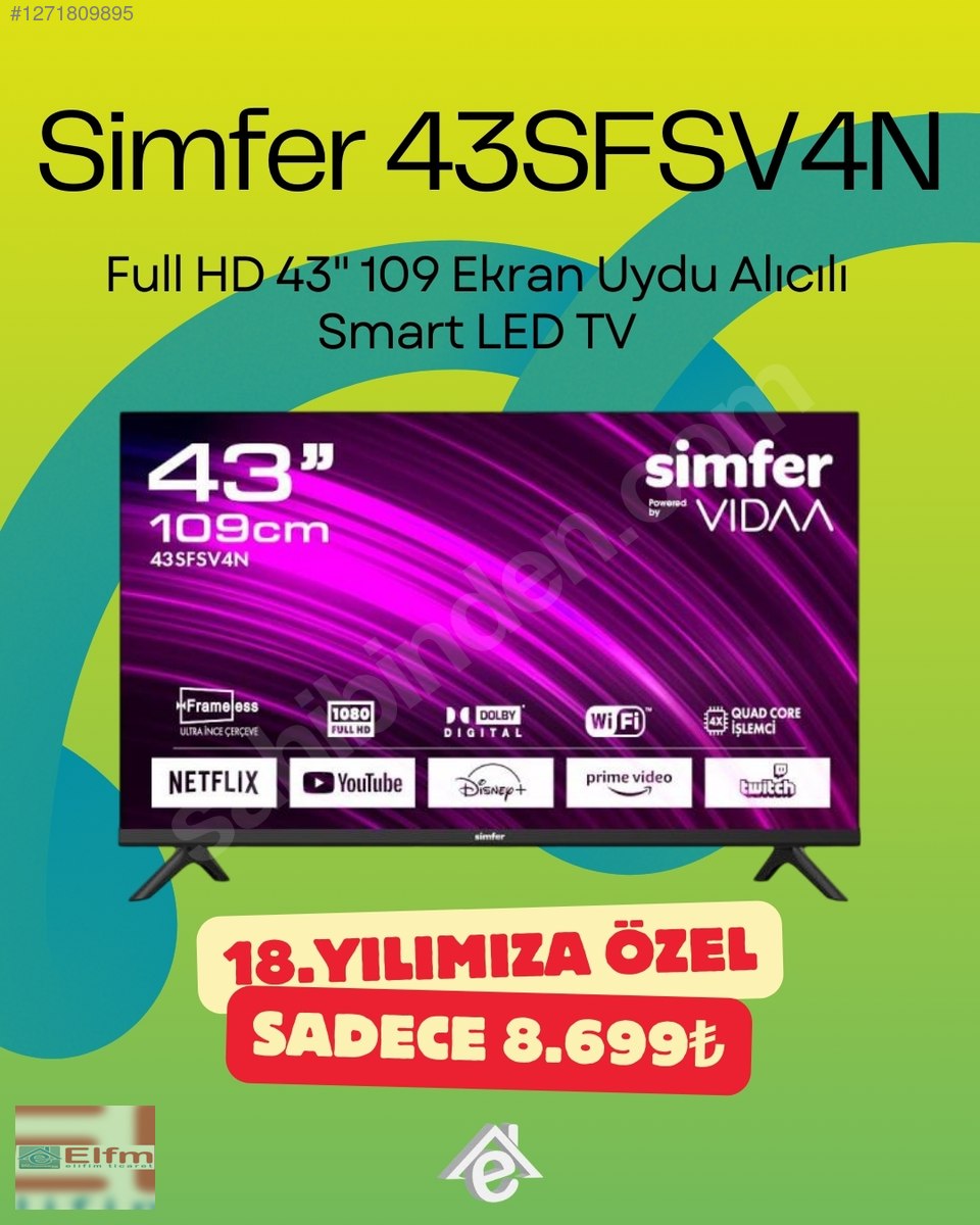 Simfer 43SFSV4N Full HD 43" 109 Ekran Uydu Alıcılı Smart LED TV - Sıfır Diğer LED & LCD TV ...