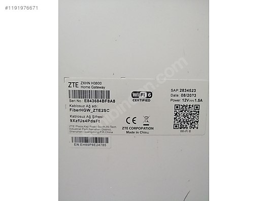 ZTE ZXHN H3600 5 GHZ wifi 6 fiber modem sahibinden.comda - 1191976671